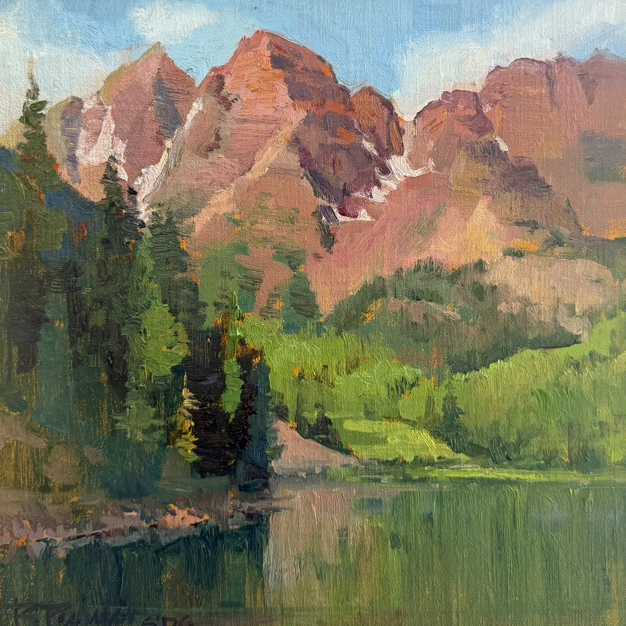 Maroon Bells, original 12x12 inch oil by Rita Pacheco.